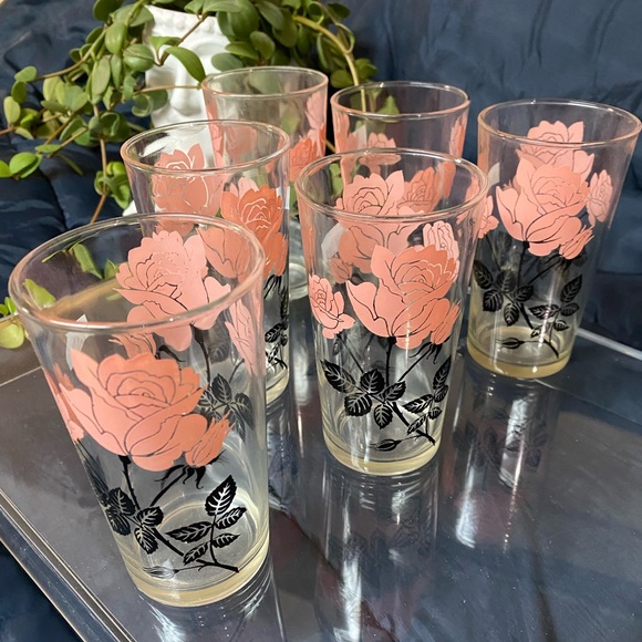 Kitchen | Vintage Pink Rose Drinking Glasses Set Of 6 | Poshmark
